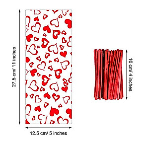 120 Pieces Valentine Cellophane Bags Valentine Gift Bags Valentine Treat Bags Goodies Bags with 150 Pieces Twist Ties for Valentine Party Favor Supplies
