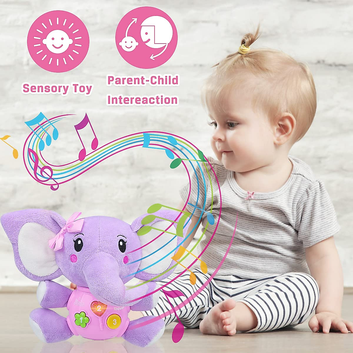 Aiduy Baby Toys 6 to 12 Months - 6 Months Old Plush Elephant Baby Toy Musical Infant Toys - Babies Light Up Toys for 1 Year Old Boy & Girl Newborn Baby Gift 0 3 6 9 12 Months