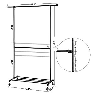 SONGMICS Clothes Rack, Industrial Double Rod Metal Clothing Rack for Hanging Clothes, Adjustable Middle Rod, with Wheels and Shelf, Heavy-Duty Commercial Display, Black UHSR62BK