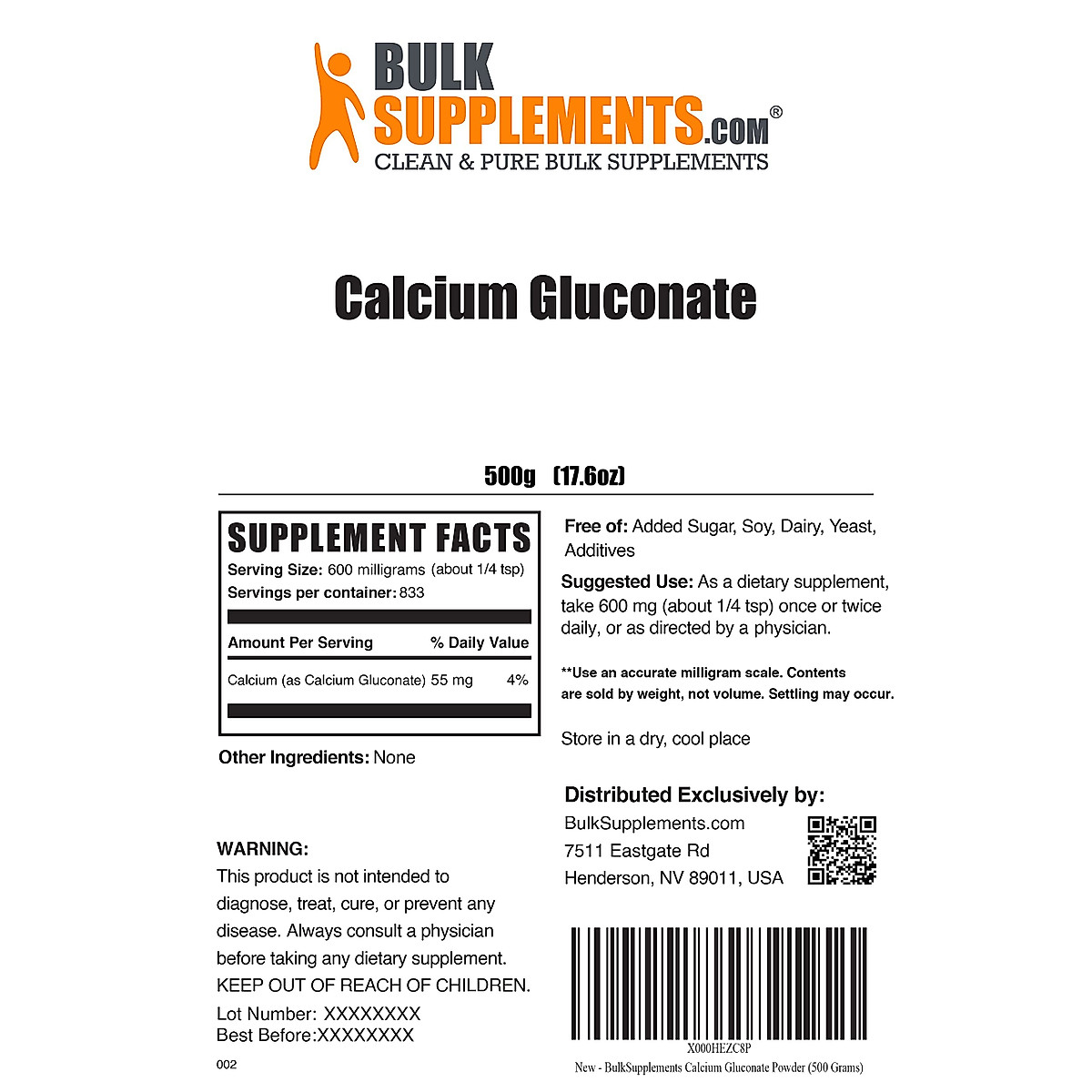 BulkSupplements.com Calcium Gluconate Powder - Calcium Gluconate Supplement - Calcium Powder Supplement - Calcium Supplement - 600mg (55mg Calcium) per Serving (500 Grams - 1.1 lbs)