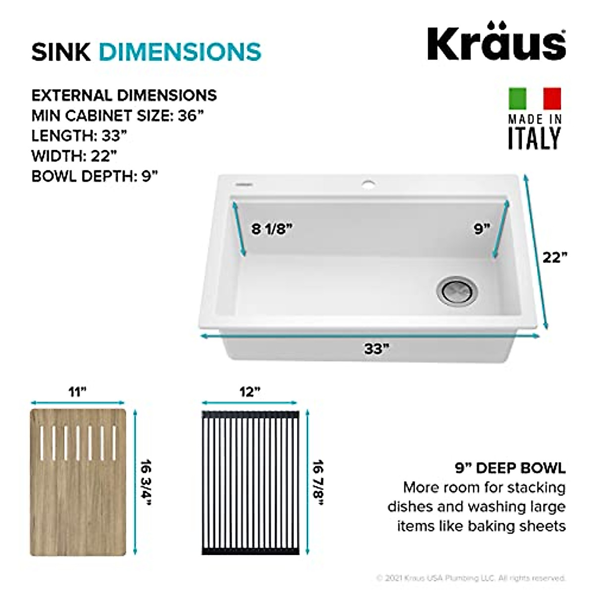 KRAUS Bellucci Workstation 33 in. Drop-In Granite Composite Single Bowl Kitchen Sink in White with Accessories with WasteGuard™ Continuous Feed Garbage Disposal, KGTW1-33WH-100-75MB
