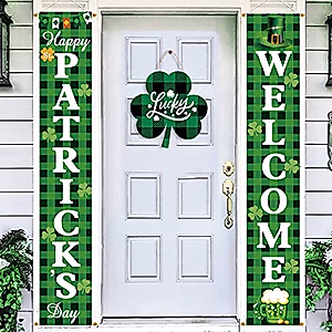 St Patricks Day Porch Sign Green Welcome Door Banners Garage Banner, Hanging St Patricks Day Decorations Outdoor Indoor Decor Wall Front Door Yard Signs
