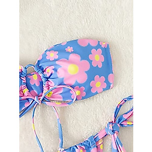 WDIRARA Women's Cutout Print Bandeau Top and Tie Side Bikini Set 2 Piece Sexy Swimsuits Blue Pink S