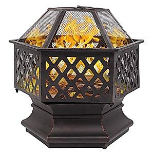 Lovinland 22" Hexagonal Shaped Iron Brazier Wood Burning Fire Pit Decoration for Backyard Poolside