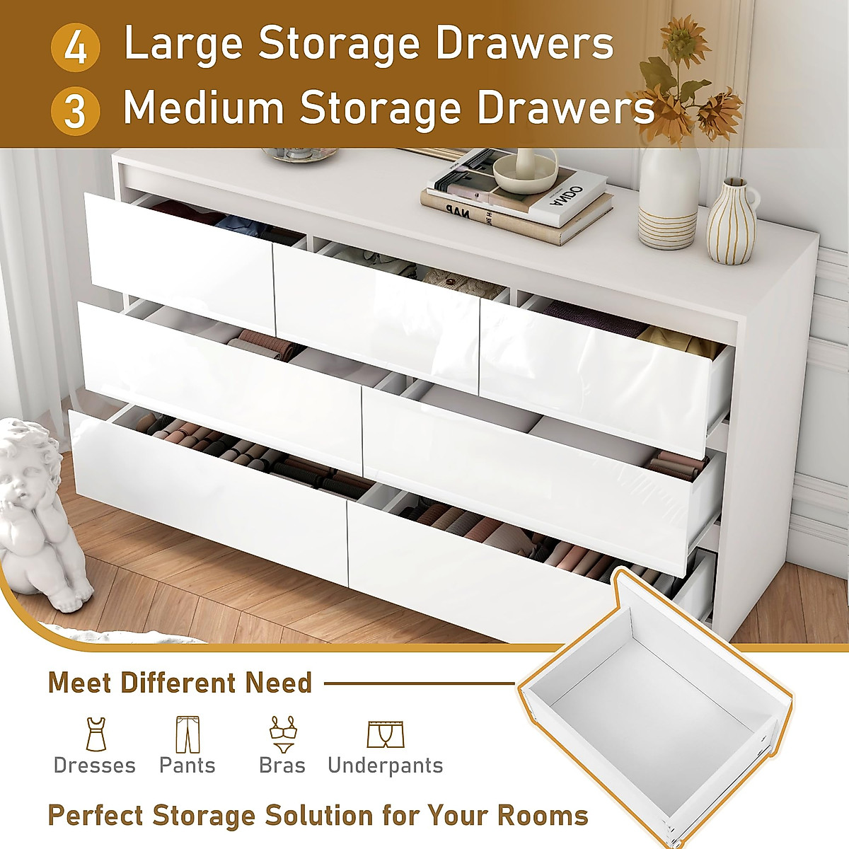 White Malm Dresser for Bedroom, 55 Inch Long Dresser High Gloss Dresser with 7 Drawers, Modern Large Wood Chest of Drawer Handle Free, Dresser for Kids Bedroom, Living Room, Entryway, Hallway, White