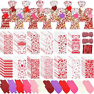 2002 Pcs Valentine's Day Cellophane Gift Bags Set, 600 Treat Bags Candy Bags Goodie Bags with 600 Bear and Heart Shape Gift Tags 800 Red Twist Tie 2 Craft Strings for Valentine's Party Favor Supplies