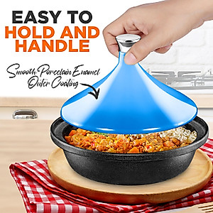 NutriChef Cast Iron Moroccan Tagine - 11.6 Inch Tajine Cooking Pot with Stainless Steel Knob, Enameled Base, Cone-Shaped Enameled Lid - Oven and Dishwasher safe - 2.75 Quart, Blue