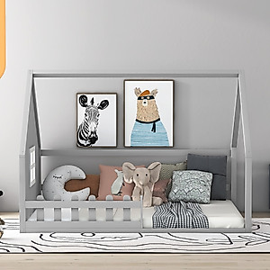 MERITLINE House Bed for Kids Full Montessori Floor Bed Wood Frame with Rails and Window, No Box Spring Needed, for Kids Teens Girls Boys (Full Size, Gray)