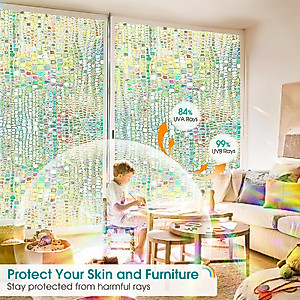 Windimiley Window Privacy Film 3D Rainbow Static Clings Bathroom Stained Glass Decorative Window Sticker Prism Holographic Window Decals Sun Blocking Non-Adhesive Door Covering,17.5x118.1In, Pure