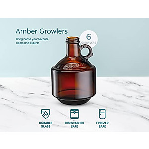 KooK Amber Glass Bottles, Growlers, with Black Plastisol Lined Lids, Beer, Soda, Cider, Kombucha, Set of 6, 32oz