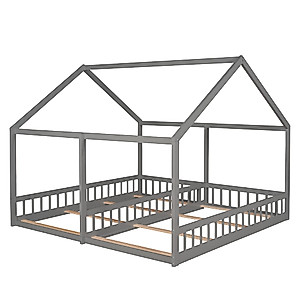 Twin House Bed for 2 Kids Wood Double Floor Beds Frame with Fence Railings Two Shared Beds for Boys Girls Teens, Twin Size, Gray