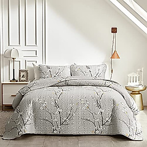 3 Pieces Quilt Set Queen Full Size 88x88 Gray Branch Floral Style Soft Reversible Microfiber Lightweight Coverlet Bedspread Summer Bedding Set Bed Cover for All Season (1 Quilt+ 2 Shams)