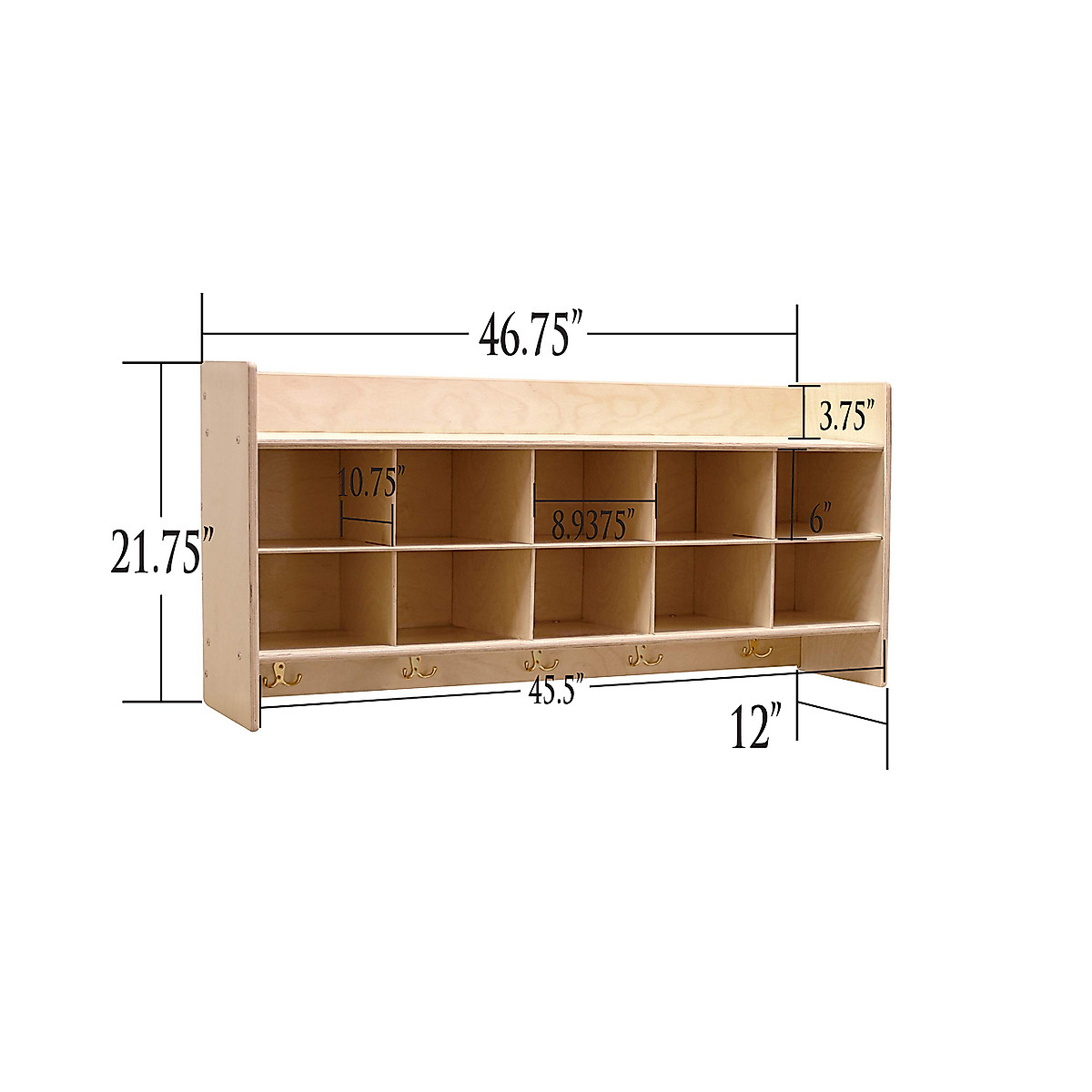 Contender Cubby Storage Organizer Cubes, 10 Cubbies with Hooks and Shelf, Clear Plastic Bins, Hanging Wall Mount, Furniture for Kids Toys, Daycare, Classroom, 47-inch Width