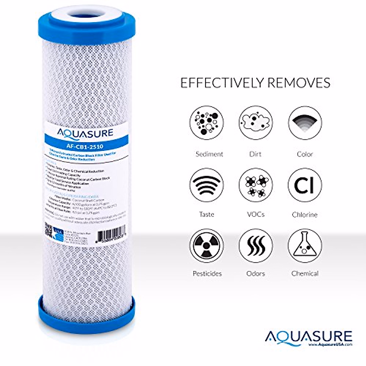 Aquasure Pioneer Series 1 Micron Solid Coconut Shell Carbon Block Water Filter - 10" x 2.5"