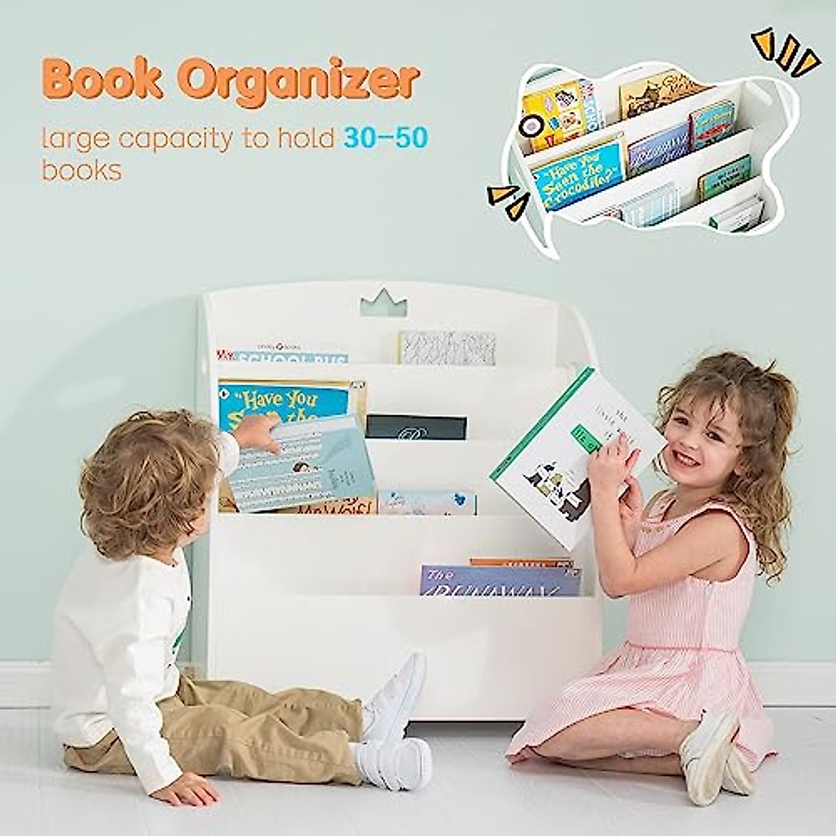Kid Bookshelf with Wheels, White Wood Bookshelf Display Stand for kids 1 Year Up, Baby Book Shelf/Child Bookshelf/Toddler Bookshelf/Kid Book Display/Book Shelf Case Organizer kid wooden