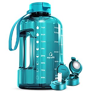 AQUAFIT 1 Gallon Water Bottle With Time Marker - Straw & Chug Lid - Big Water Bottle With Straw - BPA Free Gym Water Bottle With Handle - Gallon Water Jug (128 oz - 2 Lids, Aqua)