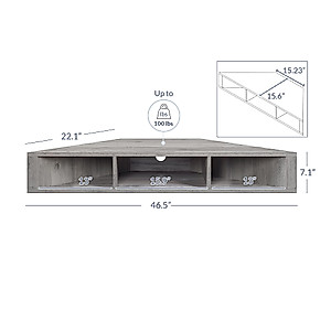 BELLEZE 47 Inch Modern Floating Wall Mounted Corner Shelf, TV Console with Three Shelves and A Cable Cutout, Space Saving Decorative Media Corner Storage - Russel (Gray Wash)