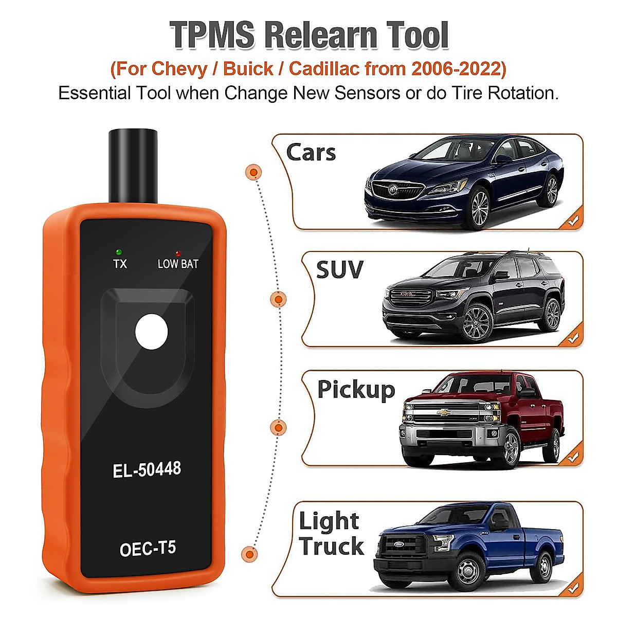 JDIAG EL-50448 TPMS Relearn Tool for Auto Tire Pressure Monitor System Sensor Activation TPMS Reset Tool OEC-T5 for Buick/Chevy/Cadillac Series Vehicles 2023 Edition