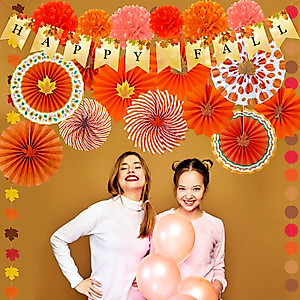 Winlyn 21 Pack Bulk Fall Party Decorations Set Auntumn Orange Hanging Paper Fans Happy Fall Banner Pom Poms Fall Maple Leaves Garlands for Thanksgiving Wedding Birthday Festival Party Backdrop Décor