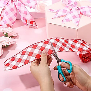 2 Rolls Valentine's Day Wired Ribbons 2.5 Inch Wide Valentine's Day Plaid Ribbons Rolls Red Pink White Diagonal Buffalo Plaid Ribbons for DIY Valentine's Day Decor Wrapping Crafts( 10 Yards)