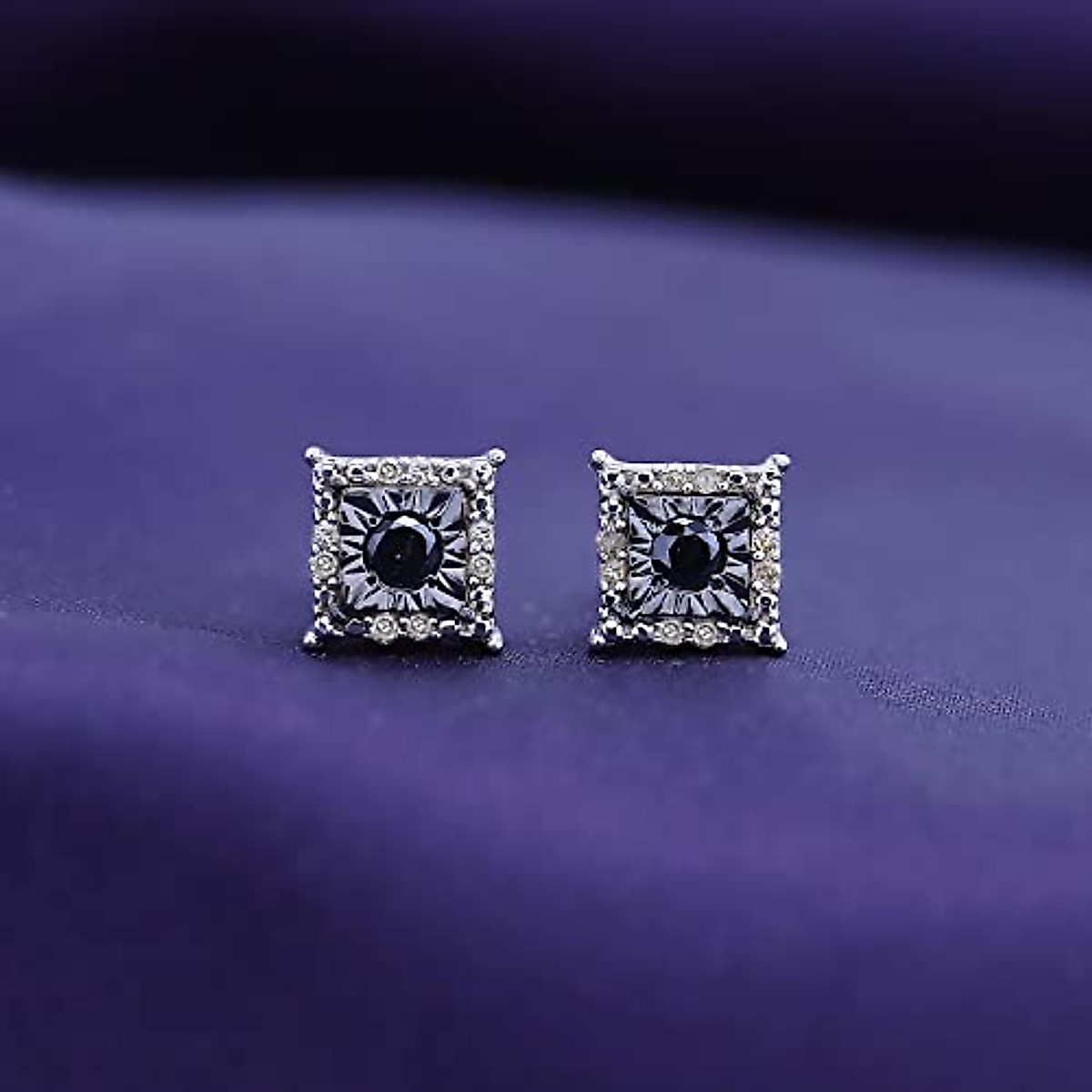 1/4 ctw Black Natural Diamond Square Frame Halo Cluster Miracle-Set Stud Earrings Womens 14k White Gold Over Sterling Silver (Black Color, I2-I3 Clarity, 0.25 Cttw)