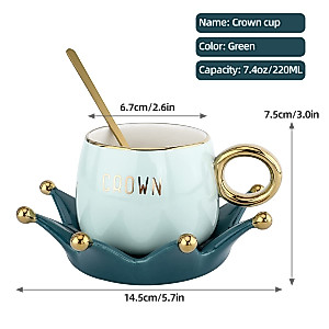 7.4 OZ Mug Ceramic Coffee Cup with Crown Saucer & Spoon, Christmas Gifts Mom Birthday Gifts Mother's Day for Mother,Espresso Coffee mug Tea cup (green)