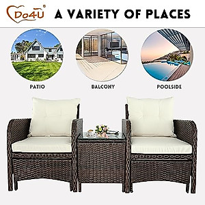 Do4U 5 Pieces Classic Blue Large Rectangular Wicker Conversation Set with PE Rattan and Glass Coffee Table for Patio, Backyard, Pool (Beige)