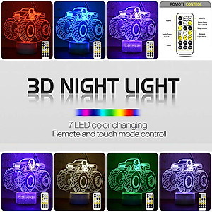 Night Lights for Kids Monster Truck 3D Night Light Bedside Lamp 7 Colors Changing with Remote Control and Timing Function Best Birthday Gifts for Boys Girls Kids Baby