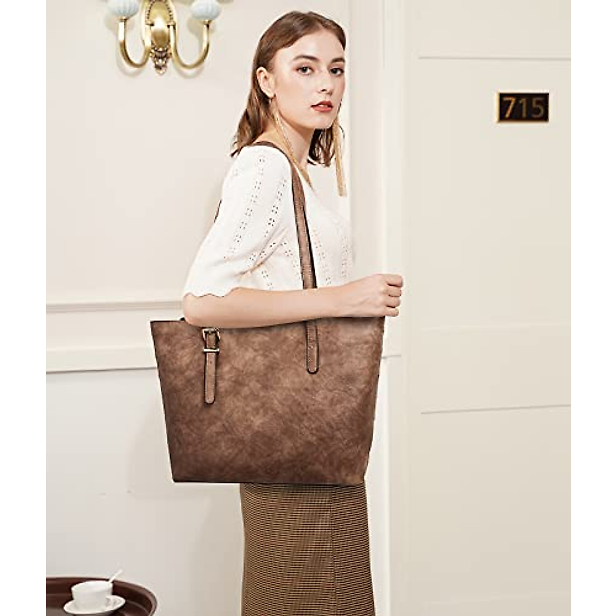 FOXLOVER Vegan Leather Tote Bags for Women Large Capacity Shoulder Bags Vintage Satchel Handbag Purse (Brown)