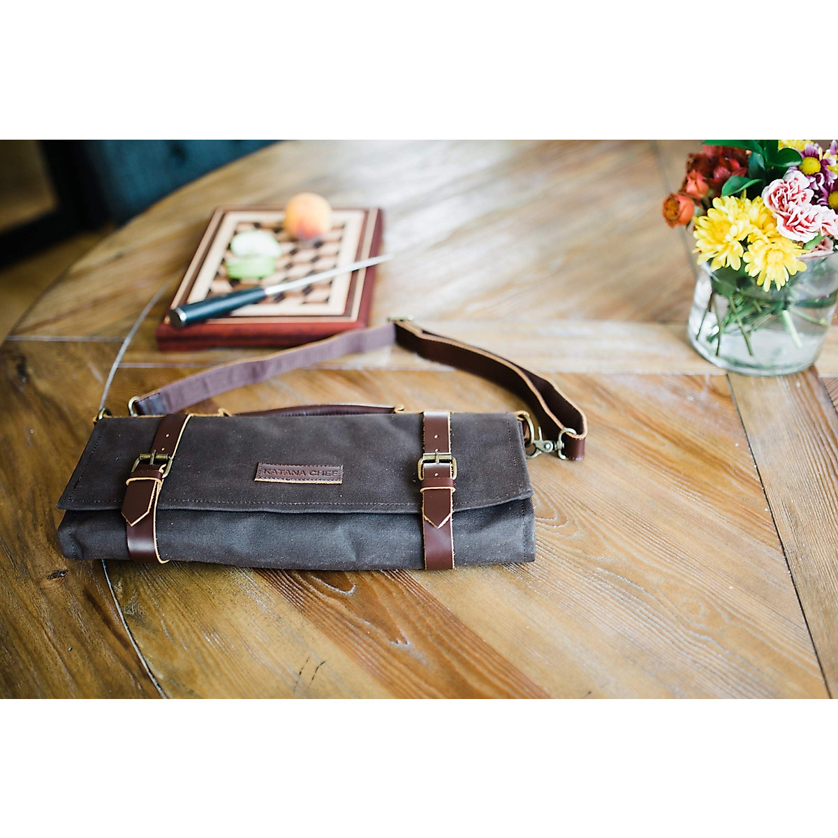 Chef's Knife Roll Bag | Extra Thick, Heavy Duty, Durable Waxed Canvas w/Cotton Liner | Stores 8 Knives plus Zipper Pocket | Portable Chef Knife Case with Leather Shoulder Strap | Knives Not Included