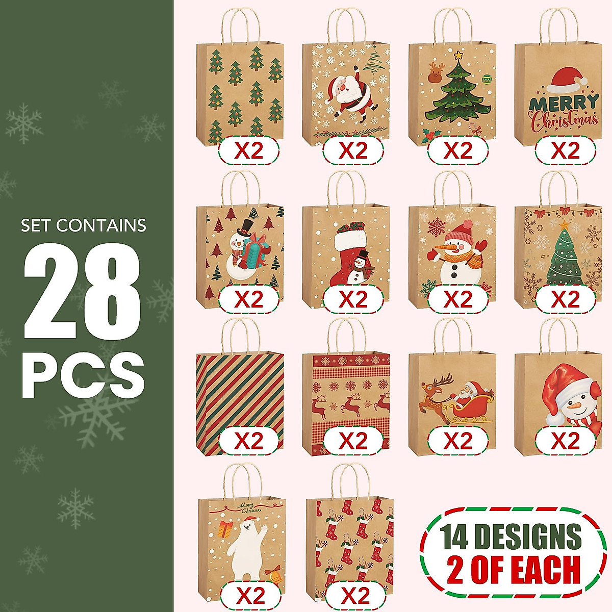 XPCARE 28 Pack Christmas Kraft Gift Bags with Handles, 9x7.5x3.5 Christmas Gift Bags, Christmas Goody Bags for Christmas Holidays Party Favors and Presents