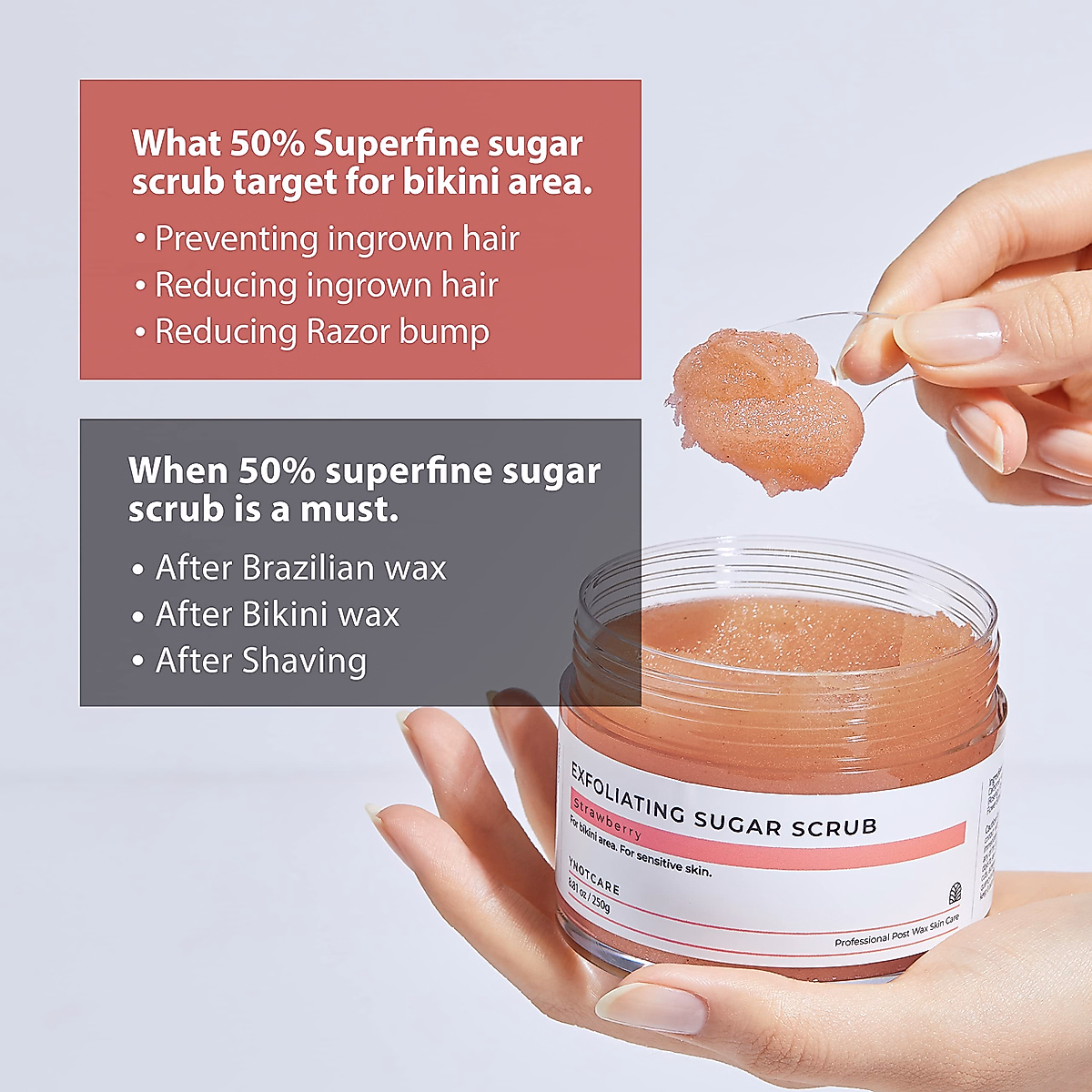 YNOTCARE Exfoliating Sugar Scrub-For Bikini Intimate Area, Sensitive Skin, Prevent Ingrown Hair and Razor Bumps After Brazilian Wax And Bikini Shave, Strawberry/8.81oz