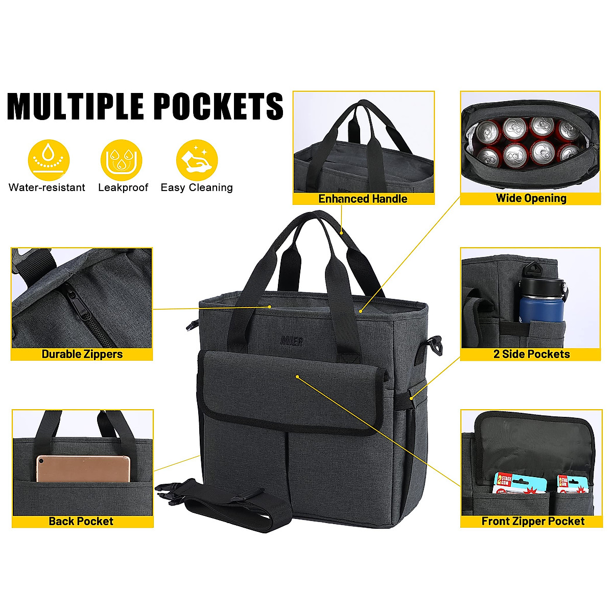 MIER Insulated Lunch Bag for Women Mens Adults Large Lunch Tote Bags Lunch Box Cooler for Work Picnic Beach with Shoulder Strap, Water Bottle Holder, Dark Grey