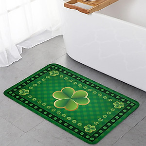 Front Door Mats Outdoor Indoor Kitchen Mat, Green Checked Clover on St. Patrick's Day Entrance Doormat Non-Slip Bathroom Rugs Washable Floor Mats for Sink/Porch, 20" x 31.5"