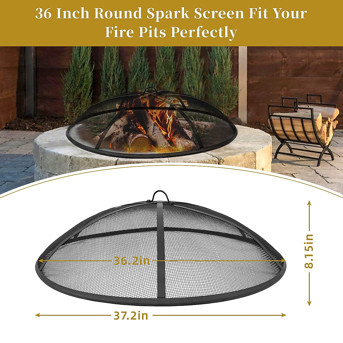 36Inch Round Fire Pit Spark Screen Cover,Outdoor Patio Mesh FirePit Screens,Heavy Duty Steel Domed Fire Pit Ember Guard with Handle