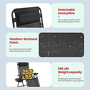 FDW Zero Gravity Chair,Zero Gravity Lounge Chair,1/2 Pack Folding Lawn Chair Adjustable Reclining Patio Chairs with Pillow and Side Table for Pool Yard with Cup Holder (1, Black)