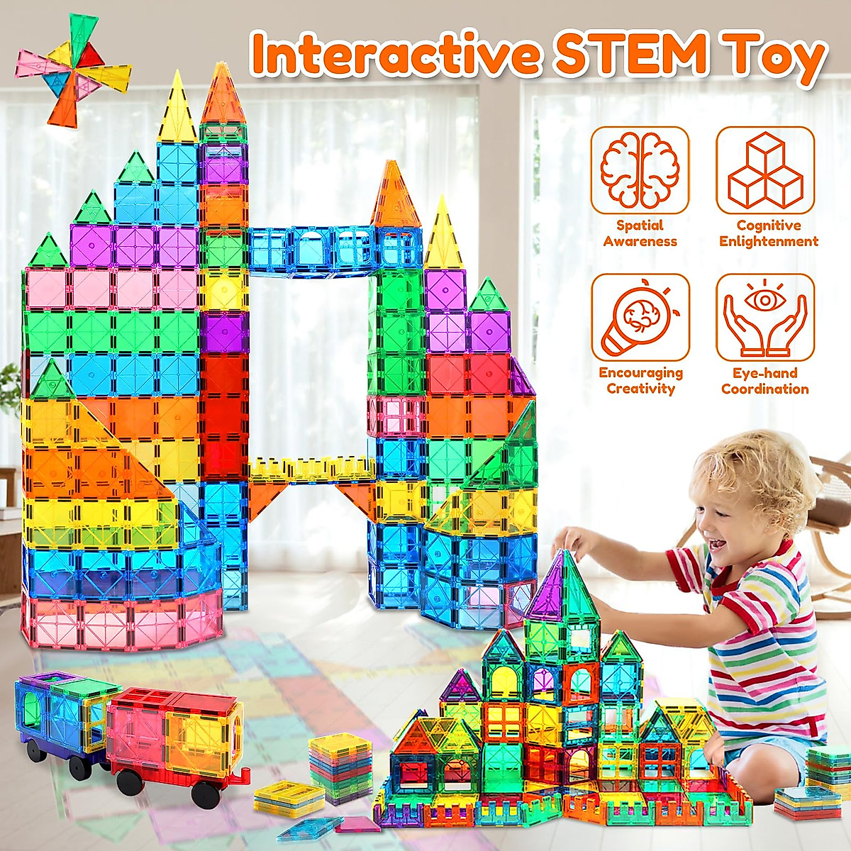 Magnetic Tiles,100PCS Magnet Building Blocks for Kids Educational Magnetic Blocks Sensory Toys Montessori Stacking Gift for 3 4 5 6 7 Year Old Boys Girls Construction STEM Toys Set with 2 Cars