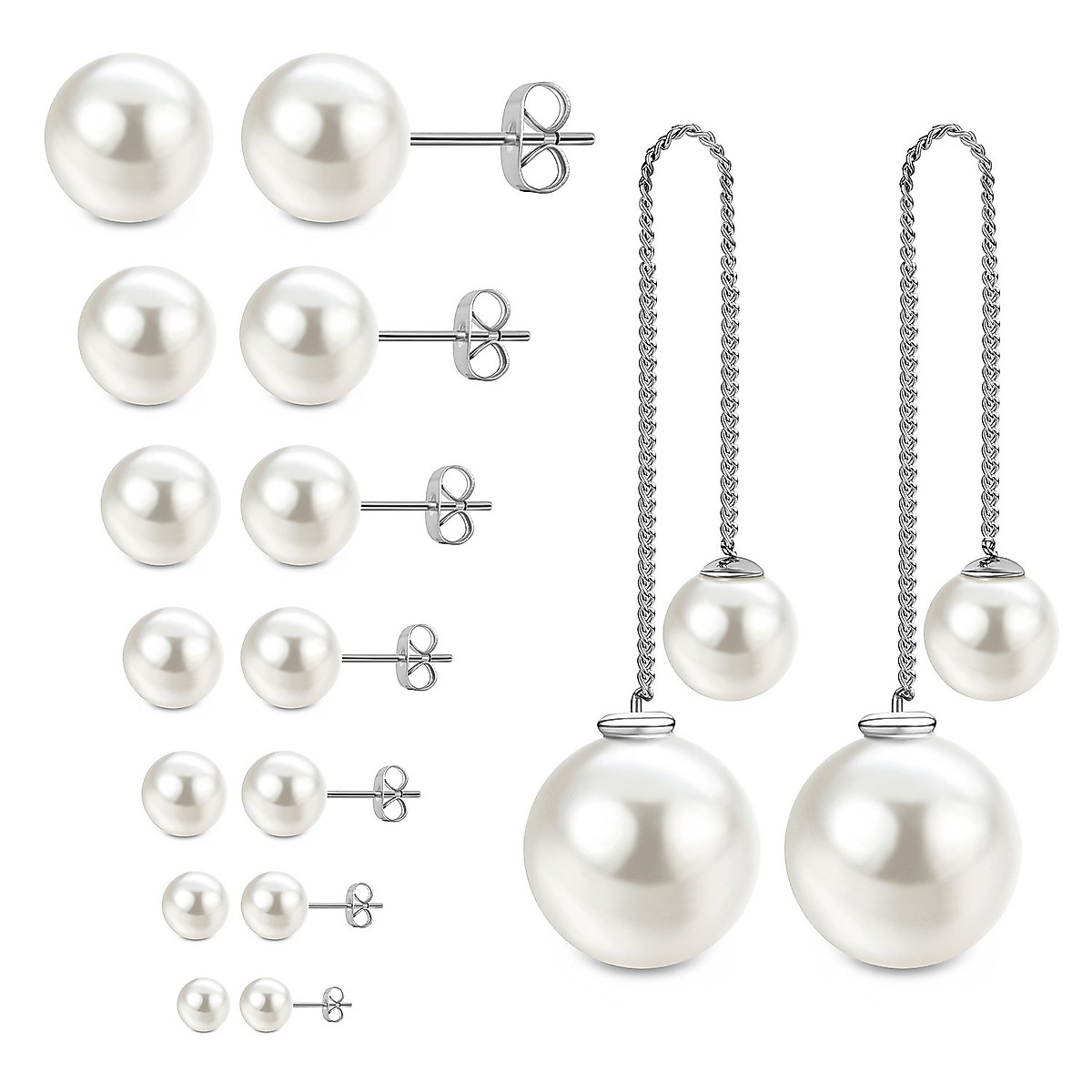 JewelrieShop Pearl Earrings Faux Pearl Stud Ball Earrings Hypoallergenic Pearl Drop Dangle for Women (7 Pairs Studs and 1 Pairs Dangle Earrings)