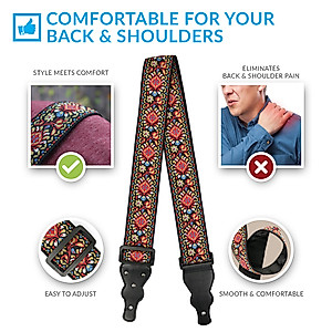 Guitar Strap For Acoustic Guitars , Electric Guitars and Bass , Red Vintage Woven Embroidered Adjustable Strap Includes 2 Strap Locks To Keep Your Guitar Safe & 2 Unique Picks and Pick Pocket