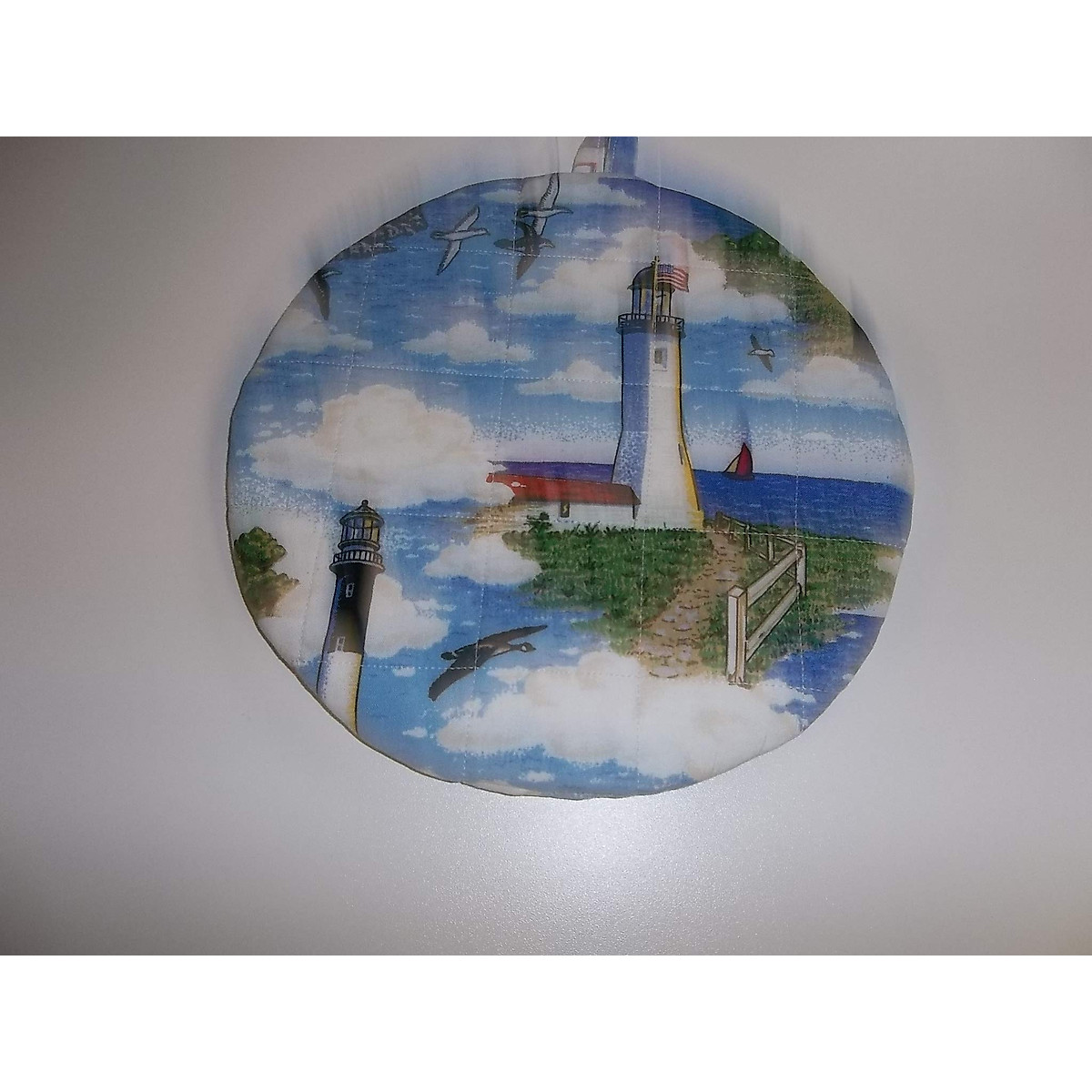 Quilted Pot Holders Hot Pads Lighthouse Potholders Fabric Round Handmade Trivet Double Insulated 9 Inches