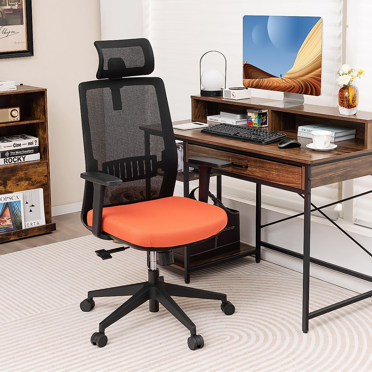 Giantex Big and Tall Office Chair 400lbs, Heavy Duty Ergonomic Mesh Chair with Adjustable Lumbar and 3D Headrest, Wide Orange Seat, High Back Computer Executive Desk Chair for Office, Conference Room