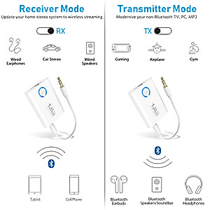 1Mii Bluetooth 5.3 Transmitter Receiver for TV to 2 Headphones, Bluetooth Adapter for Airplane w/aptX HD& Low Latency, Dual Link, Wireless Receiver for Home Stereo/MP3/Boats/Treadmill/Gaming