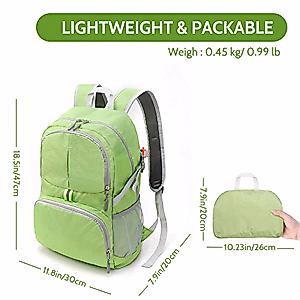 30L Green Lightweight Foldable Large Capacity Backpack for Men and Women - Waterproof Backpack for Travel Sports, Outdoors, Camping and Hiking - Adjustable Shoulder Straps and Multiple Compartments