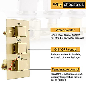 Brushed Gold Rain Shower System - 16 inch Ceiling Square Rainfall head with Handheld Spray and Full Body Massage Multi Jets Thermostatic Brass Valve Kit, Faucets Sets Complete Combo
