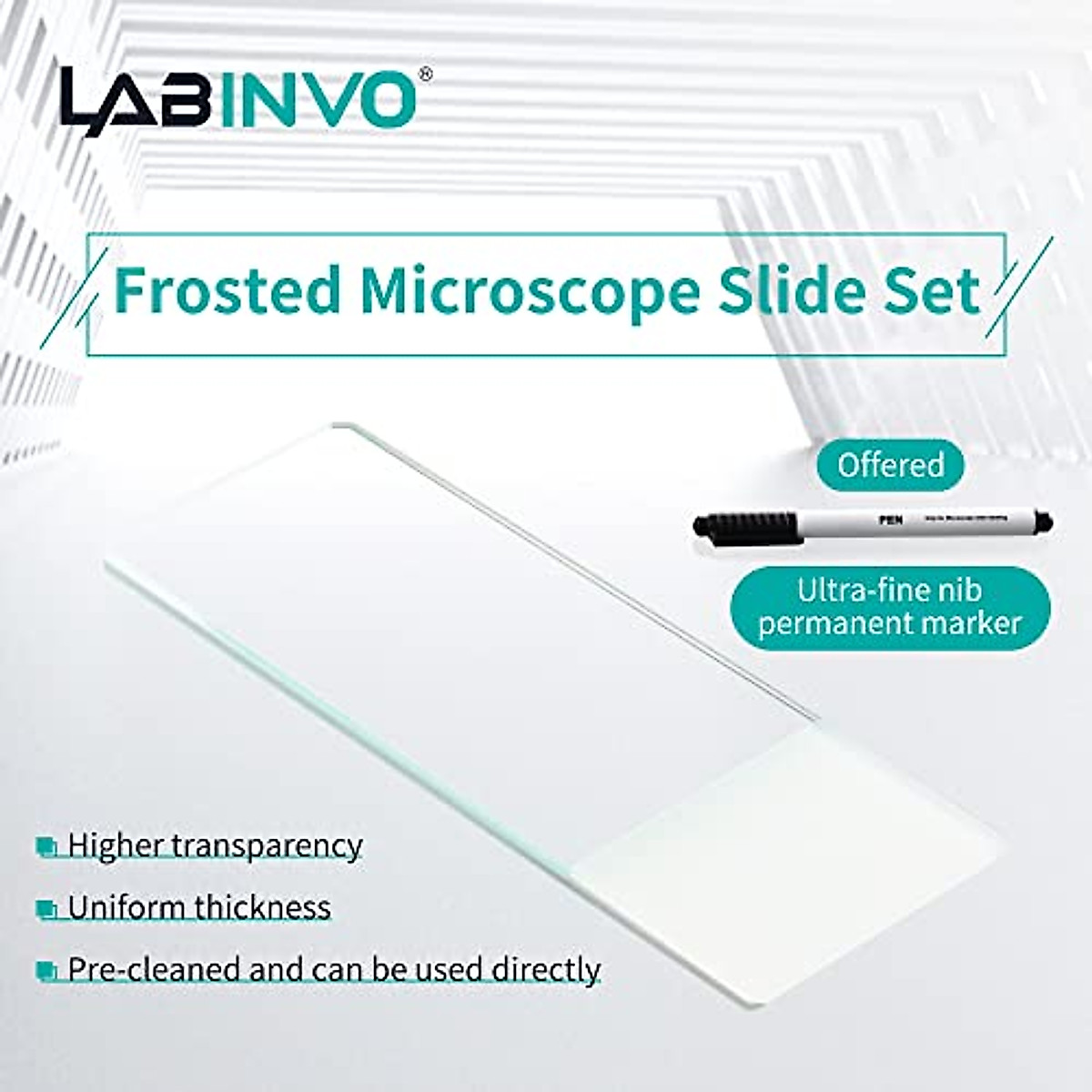 LABINVO Pre-cleaned Frosted Microscope Slide Set, 288Pcs of Dim.75.0X25.0X1.1mm Slides, 45°Corners, Super Grade, Ground Edges, with A Mark Pen, IN-MSP002