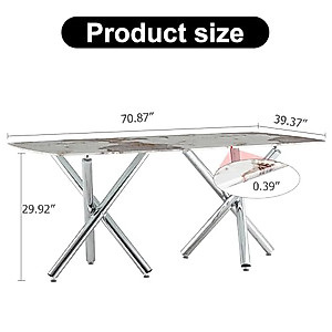 FURNITO 71" Glass Dining Table for 6-8, Faux Marble Glass White Desktop 0.39" and Sliver Metal Legs, Ideal for Living Room and Dining Room (1 Table (White))