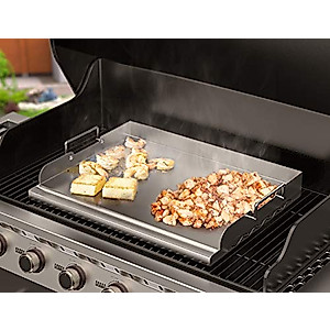 Skyflame Universal Stainless Steel Griddle Flat Top Plate with Even Heating Bracing for BBQ Charcoal/Gas Grills, Camping, Tailgating, and Parties 17" x 13"