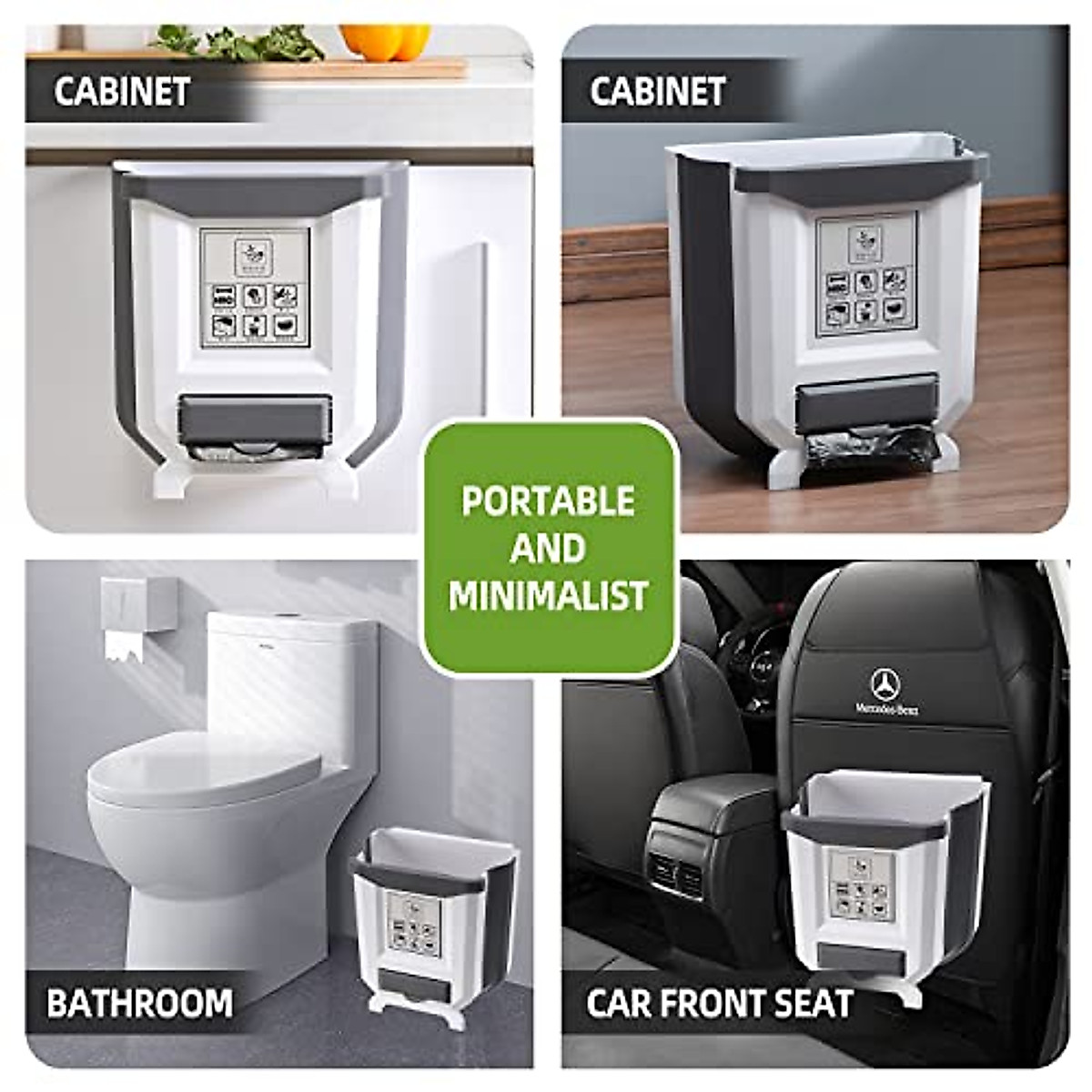 Hanging Kitchen Trash Can, Foldable Waste Bin for Kitchen, Collapsible Hanging Small Garbage Can, Garbage Container for Cabinet/Car/Bedroom/Bathroom, 2.4 Gallon (White)