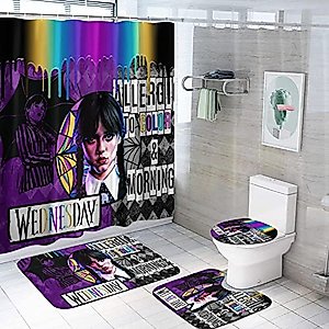 VOZUKO 4pcs Wednesday Shower Curtain Set, Wednesday Girl Bathroom Rugs, Including Waterproof Shower Curtain,Non-Slip Rug, Toilet Lid Cover, Bath Mat and 12 Hooks, 72x72in