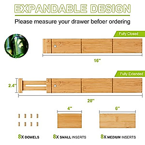 Bamboo Drawer Dividers for Clothes With 16 Inserts, Drawer Dividers Kitchen Utensils(16-20IN) Adjustable Expandable Deep Spring Loaded Separators Organizer for Office Silverware Dressers and Bathroom 8 Pack